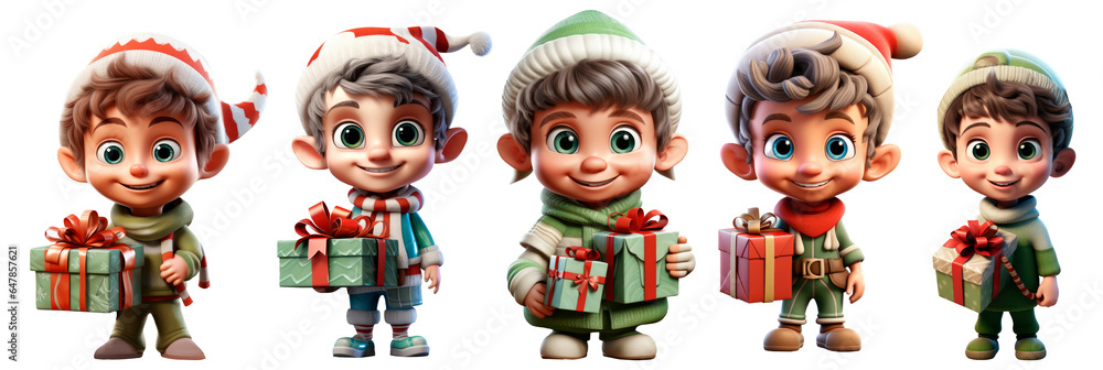 set of Christmas elf 3d character Isolated on transparent background ...