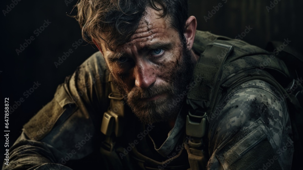 Bearded man military soldier in uniform close-up. Emotions of loss ...