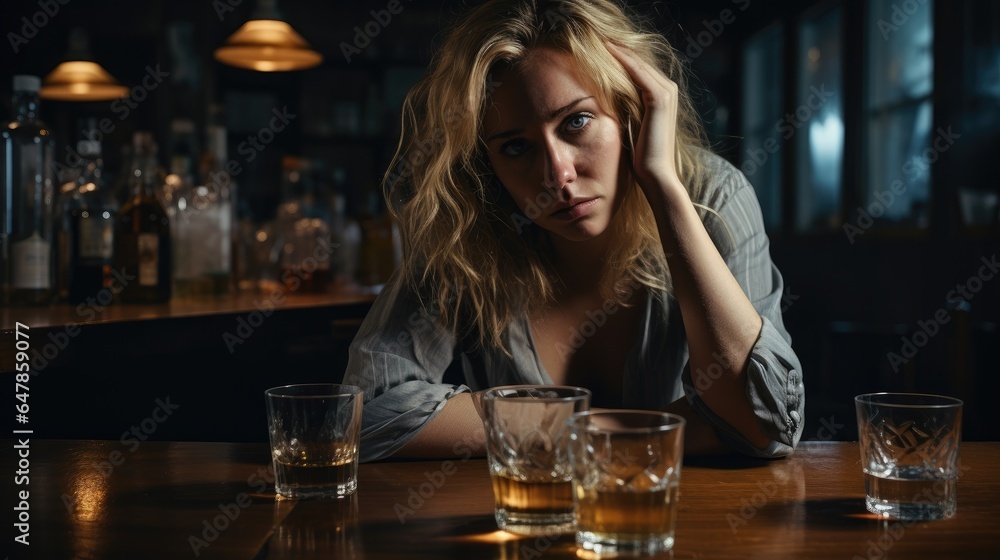 Female alcoholism. Struggle of woman battling alcoholism. Young blonde ...