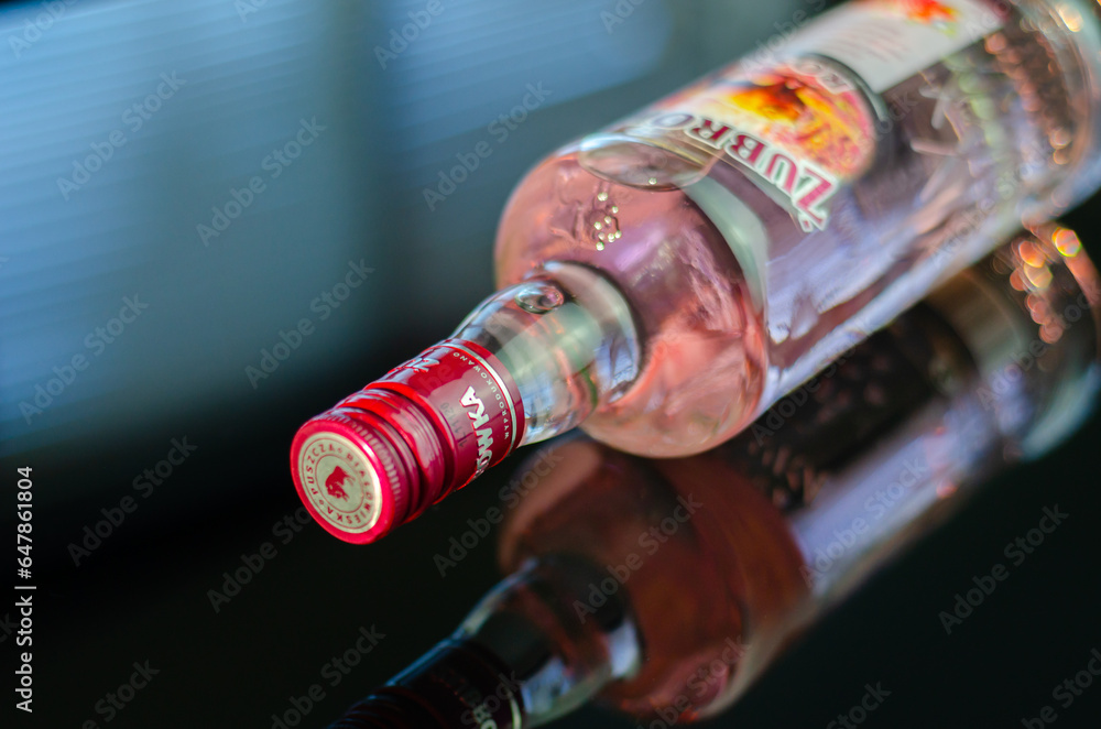 LONDON, UK - 07 SEPTEMBER 2023 Zubrowka Rose is a high-quality flavored ...