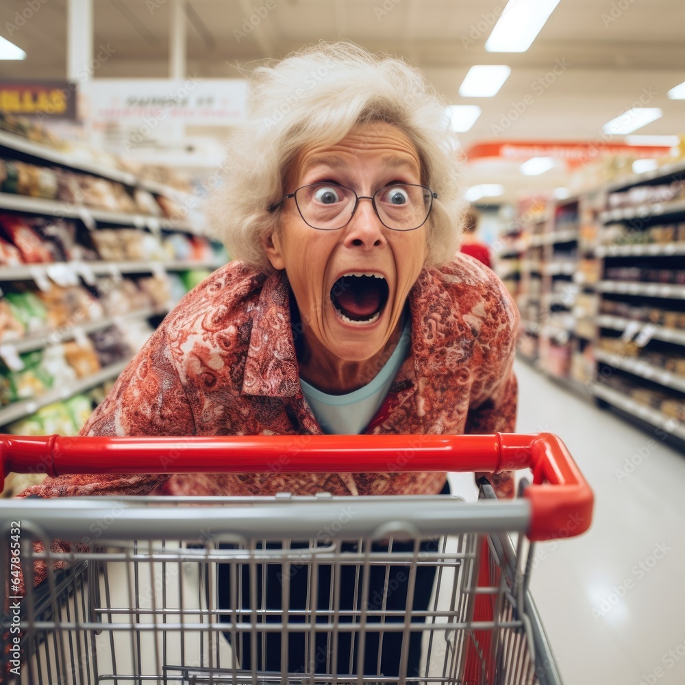 Funny woman with an astonished and surprised look running through the ...