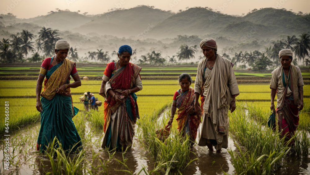 A lush green rice paddy field in rural India. Farmers, dressed in ...