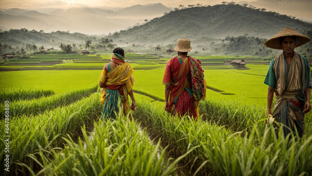 Farmer working in field, lush green rice paddy field in rural India ... Farmer working in field, lush green rice paddy field in rural India ...