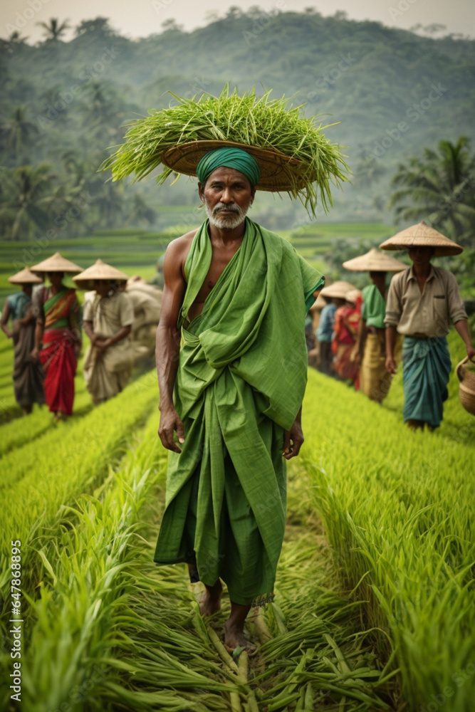 Farmer in rice field, lush green rice paddy field in rural India ...