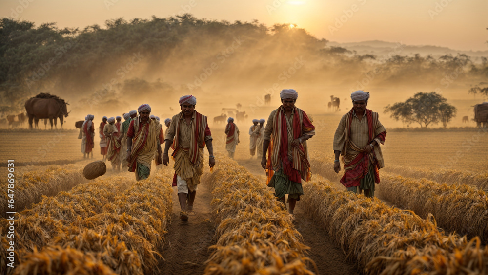 Group of people in a traditional Indian attire, rhythmically planting ...