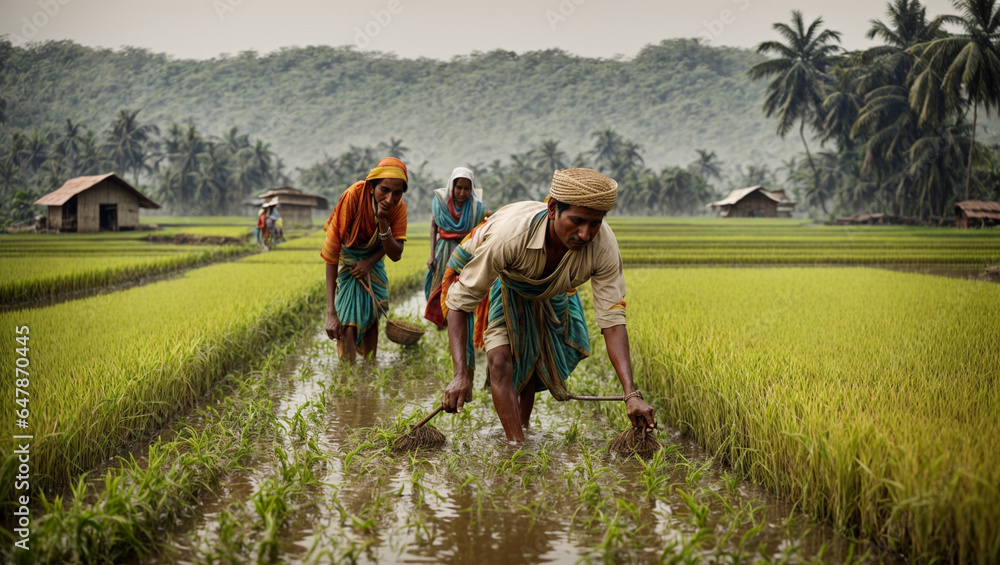 Farming methods in rural India. Farmers, knee-deep in the waterlogged ...