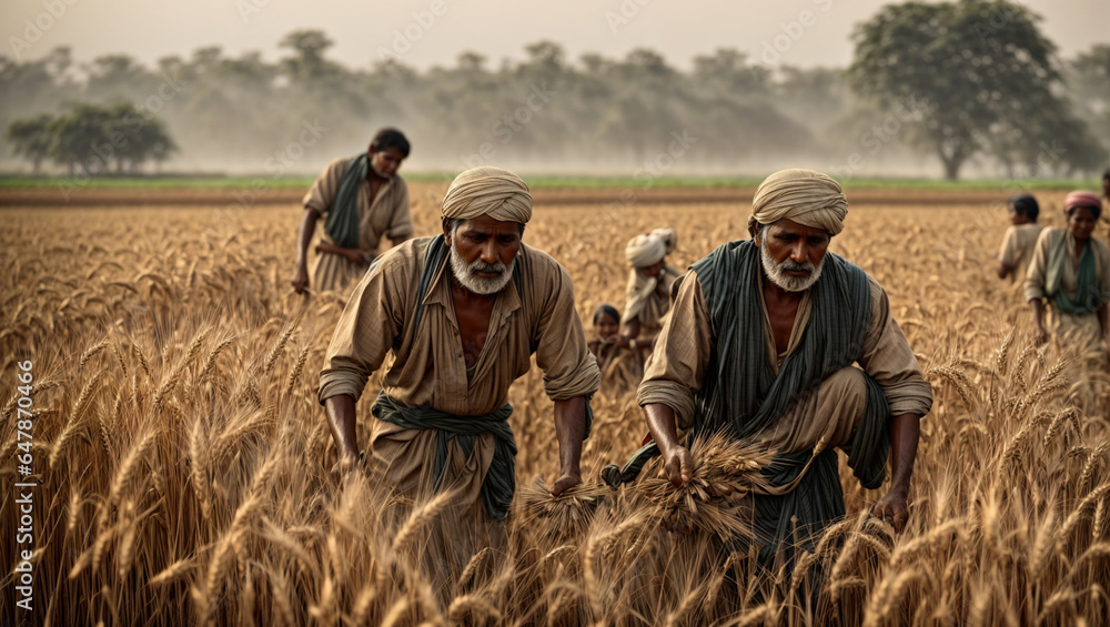 The traditional farming methods in rural India. Farmers, waterlogged ...
