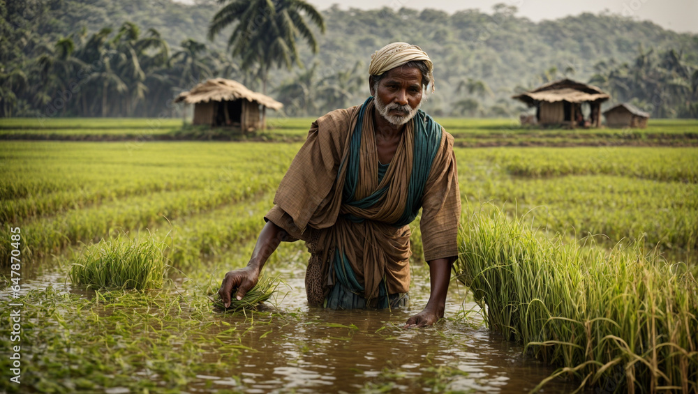 Farming methods in rural India. Farmers, knee-deep in the waterlogged ...