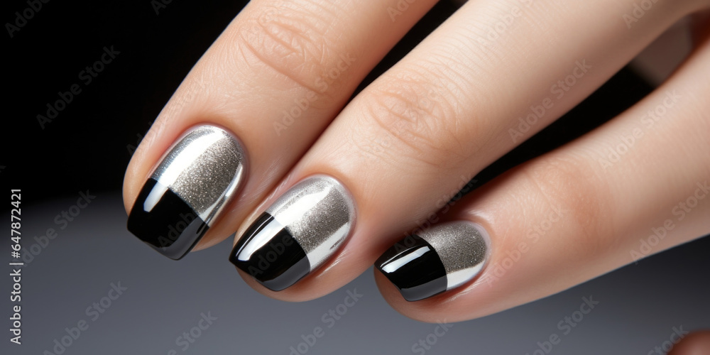 A modern twist on a classic French manicure, with a bold black tip and ...