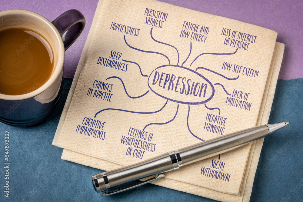 depression infographics or mind map sketch on a napkin with coffee ...