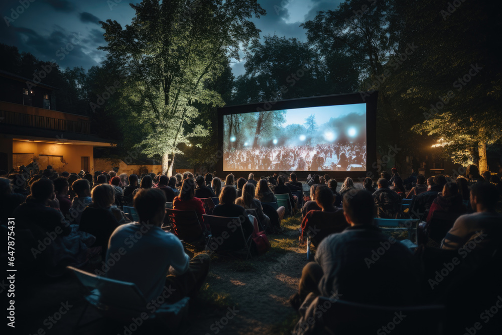 An outdoor cinema screening with viewers in cars, representing ...