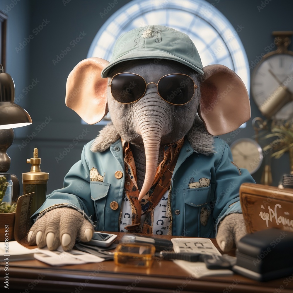 Cute Elephant wearing sunglasses and party cap looks through a hole in ...