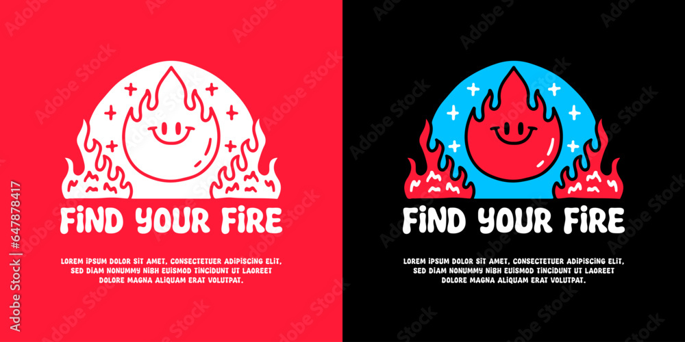 Smiling fire character with find your fire typography, illustration for ...
