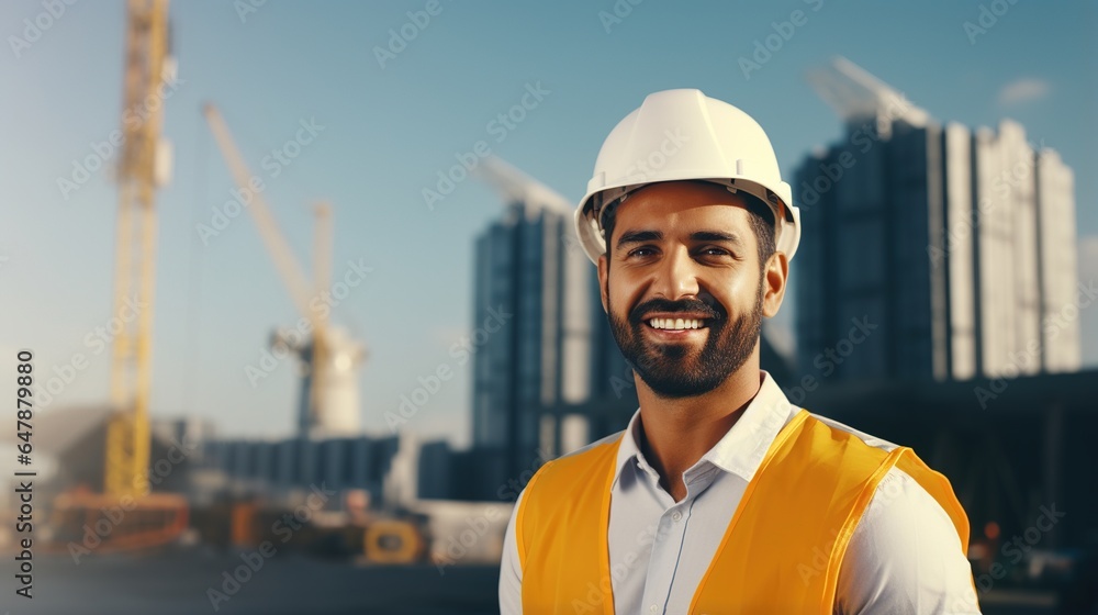 Male civil engineer or architect wears a safety helmet. On a ...