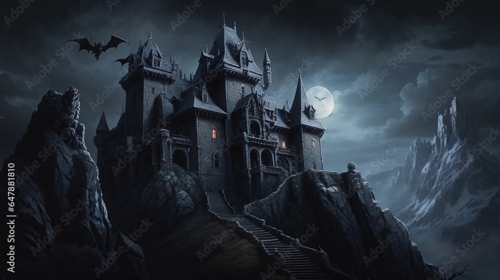 Creepy Dracula castle on haunted mountain illuminated by full moon on a ...