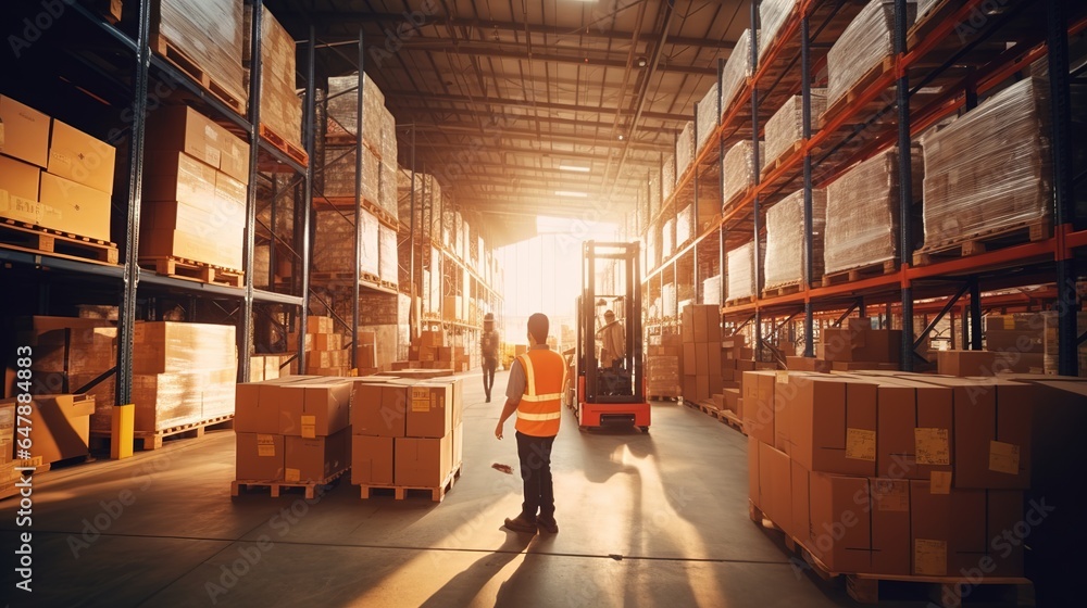 Workers scan and sort packages and move inventory using pallet trucks ...