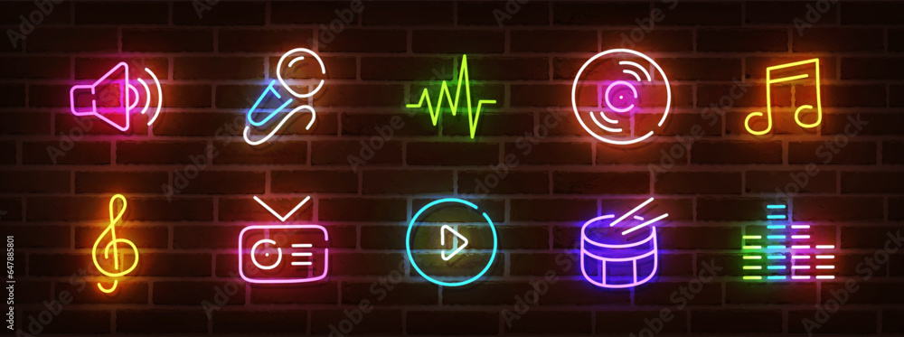 Music neon sign, bright signboard, light banner. Music logo neon ...