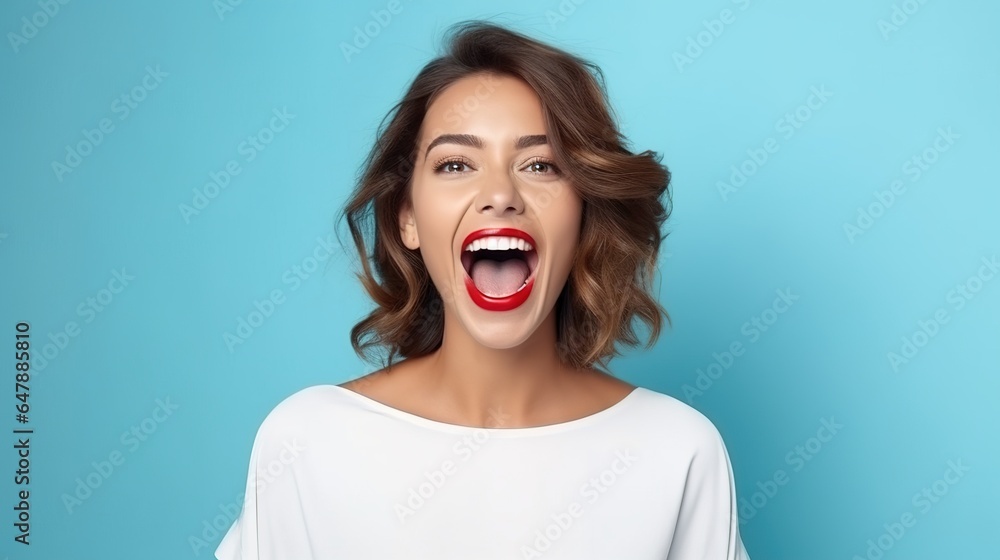 Screaming, hatred, and anger. On a blue studio background, a crying ...