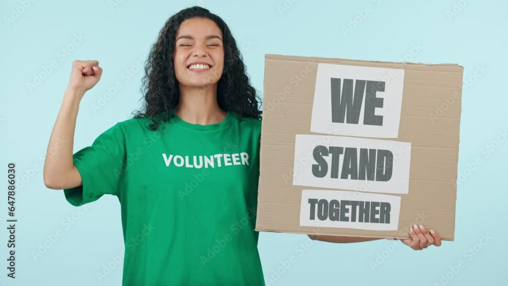 Poster, protest for unity or change and a woman in studio on a blue ...
