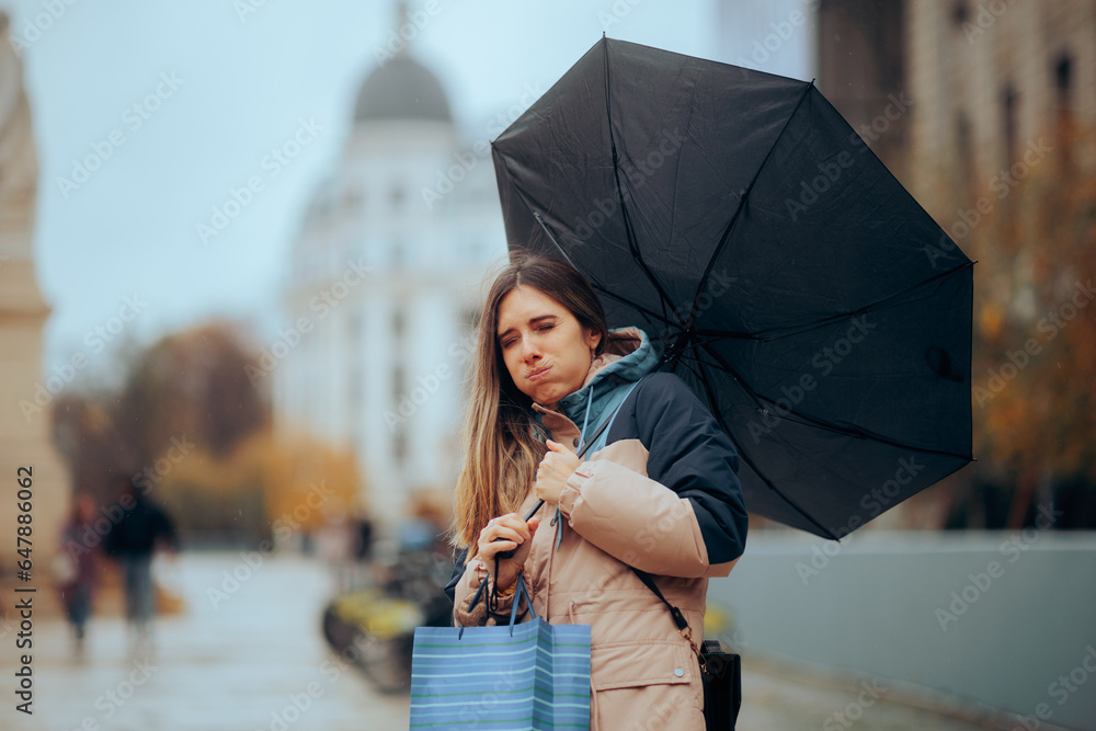 Stressed Woman Walking in the Rain with Broken Umbrella. Girl having an ...