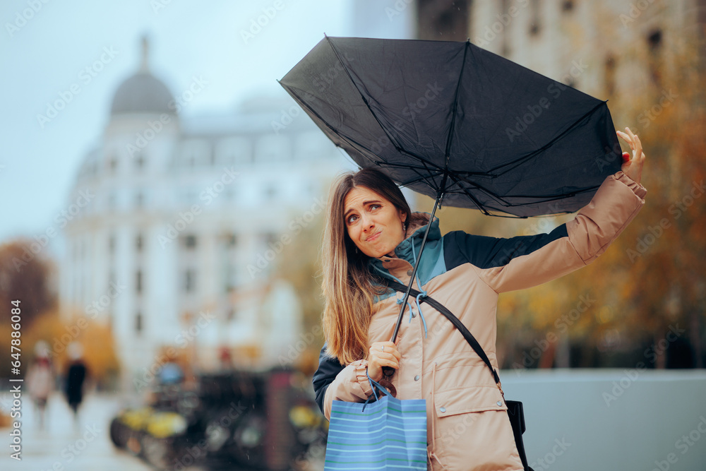 Stressed Woman Walking in the Rain with Broken Umbrella. Girl having an ...