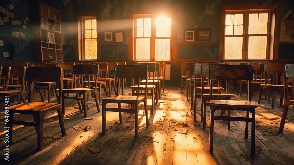 Foto de Interior of an old school classroom with chairs and tables in a ...
