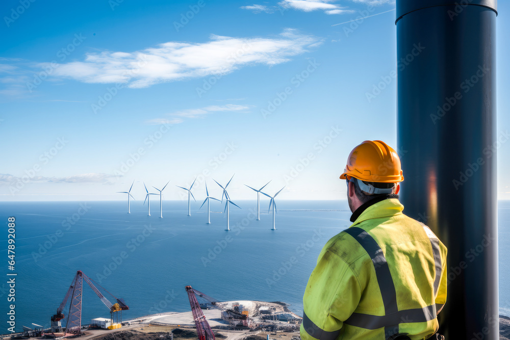 Worker on top of an offshore wind turbine looking proudly at the vast ...