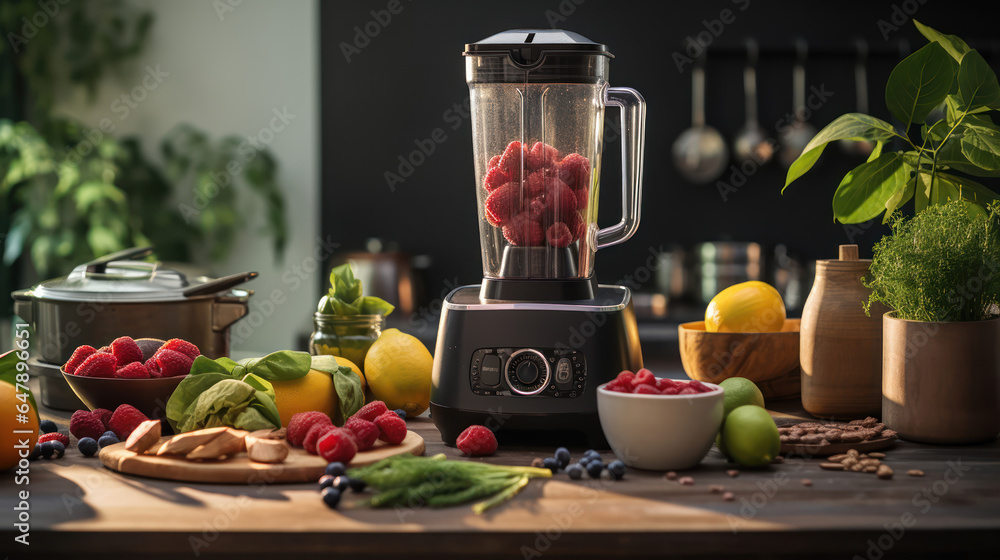 Kitchen setup featuring various fruits, vegetables, and a blender ...