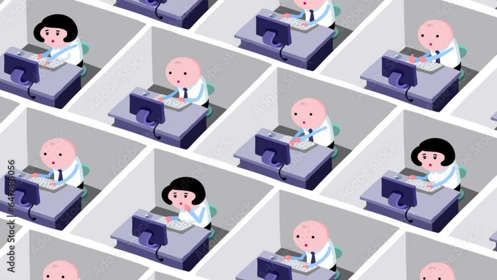 Cartoon office man and women employees in cubicles explainer style ...