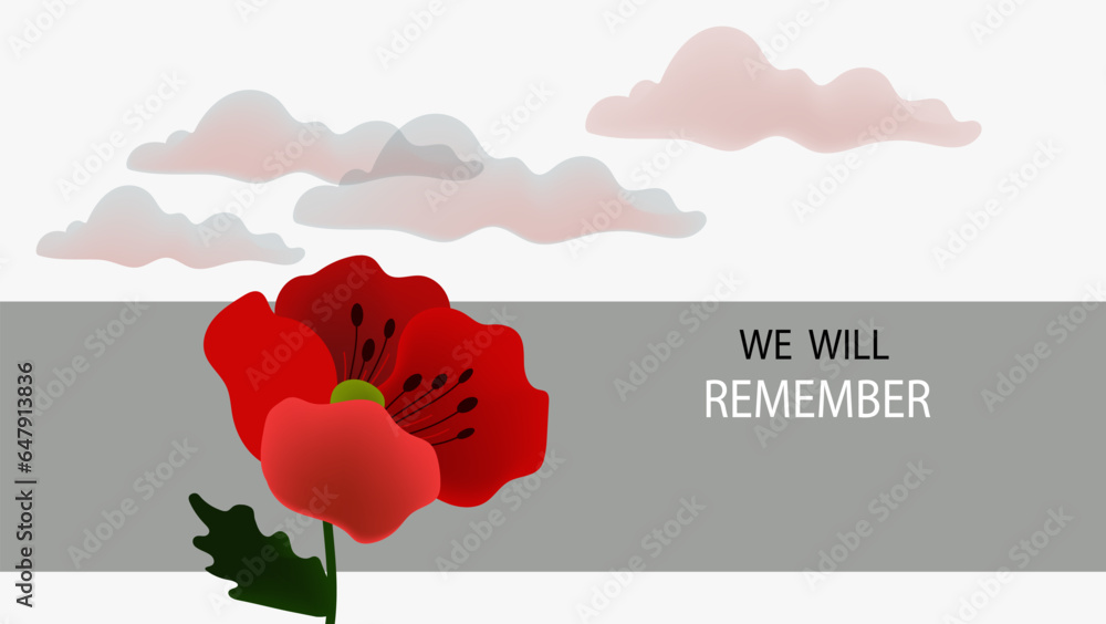 Remembrance Day horizontal cartoon banner. Lest We forget. Red poppy ...