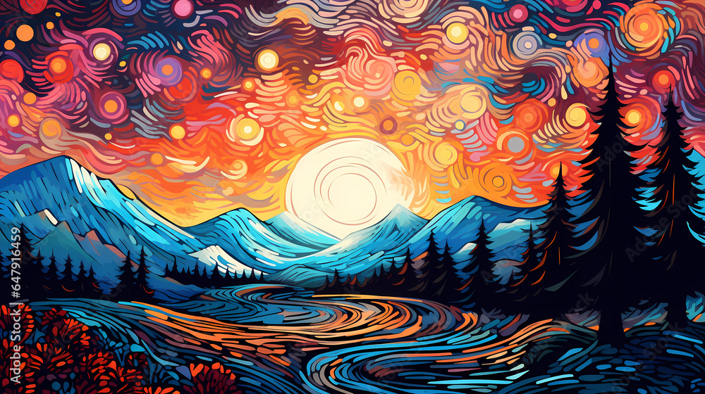 Hand drawn cartoon art abstract van Gogh style impressionist landscape ...