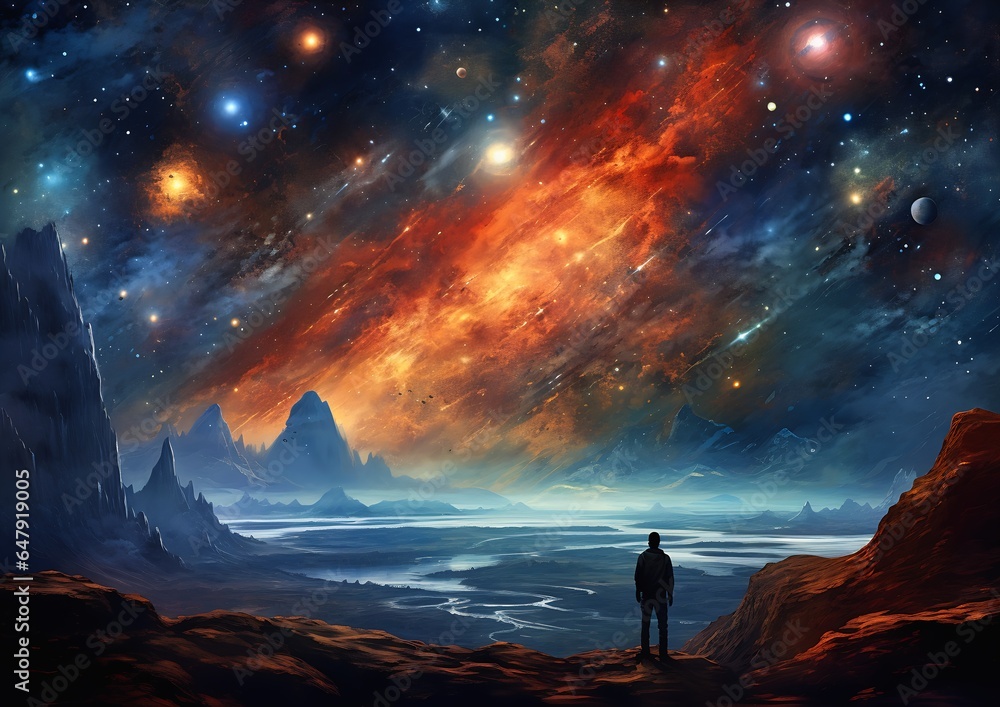 man standing mountain looking stars sky oil splashes galaxies tangerine ...