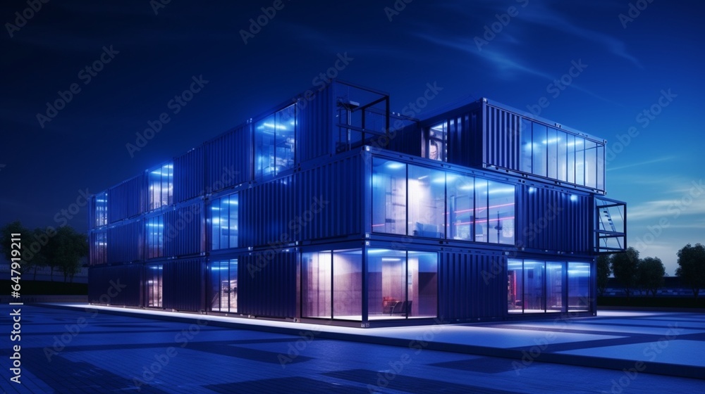 Modern metal building made of shipping containers and night blue sky ...