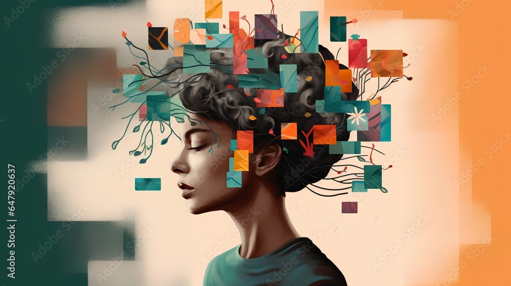 Conceptual image illustrating mental health, a surrealistic portrait of a female figure. The ...