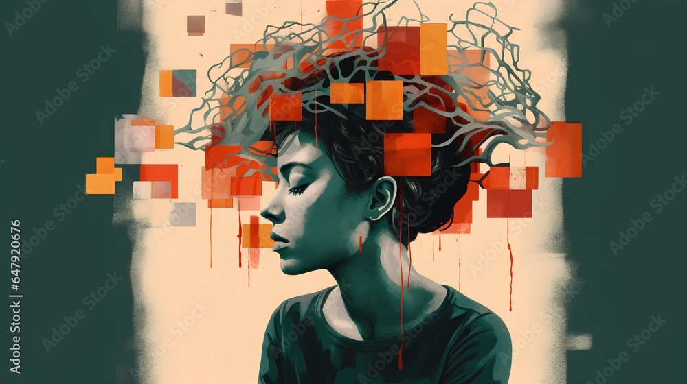 Conceptual image illustrating mental health, a surrealistic portrait of ...