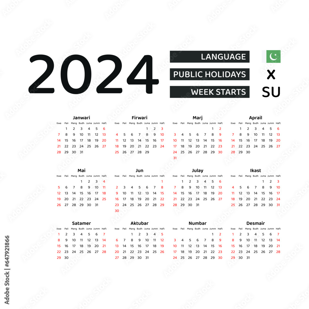 Pakistan Calendar 2024. Week starts from Sunday. Vector graphic design ...