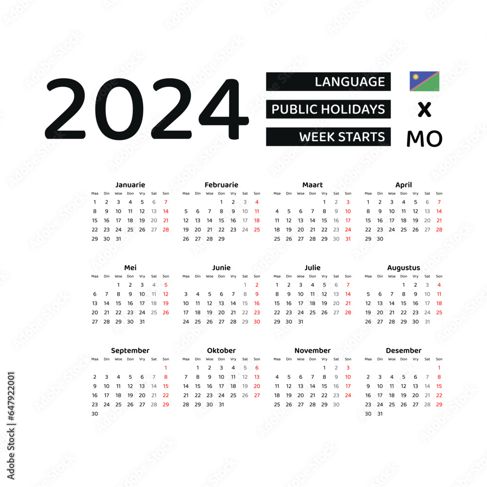 Namibia Calendar 2024. Week starts from Monday. Vector graphic design ...