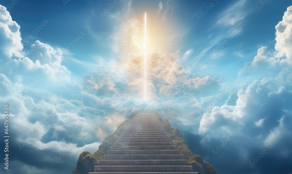 stairway to heaven with gold cross in the end of stairs with baby blue ...