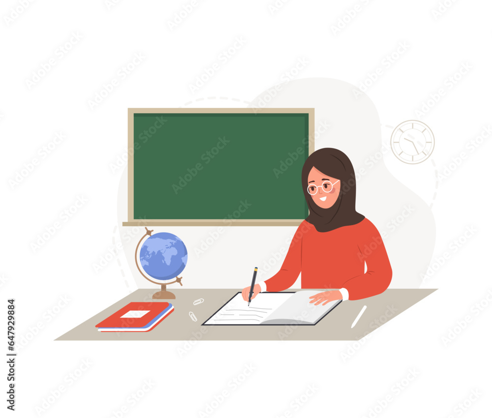 Arabian female teacher in classroom. Pedagogue in hijab sitting at ...