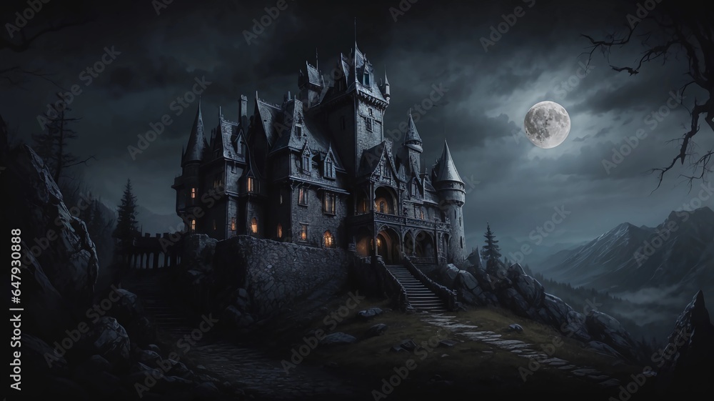 Creepy Dracula castle on haunted mountain illuminated by full moon on a ...