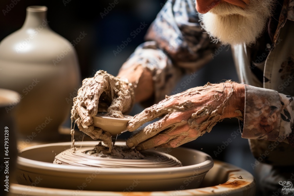 Closeup Older Man sculptor creates sculpture clay human model, Generate ...
