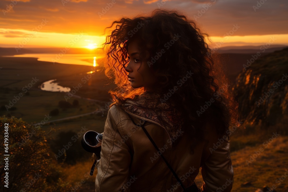 African American woman capturing a stunning sunset with her camera ...