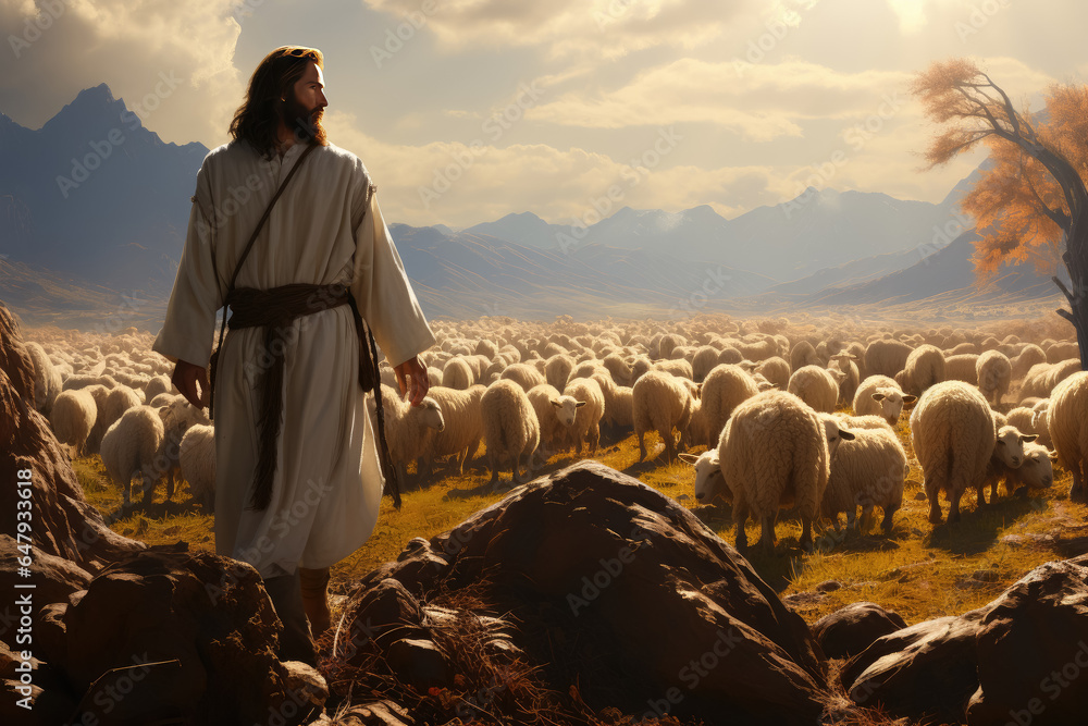 Image of Shepherd Jesus Christ leading the sheep and praying to God ...