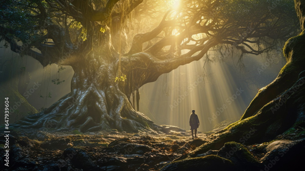Lone figure walking through an ancient, magical forest with sunlight ...