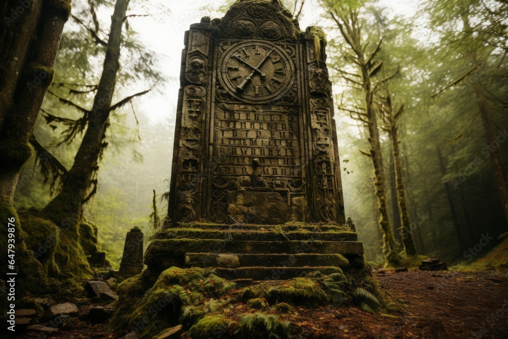 Stone monument in a historic cemetery, with moss-covered engravings ...