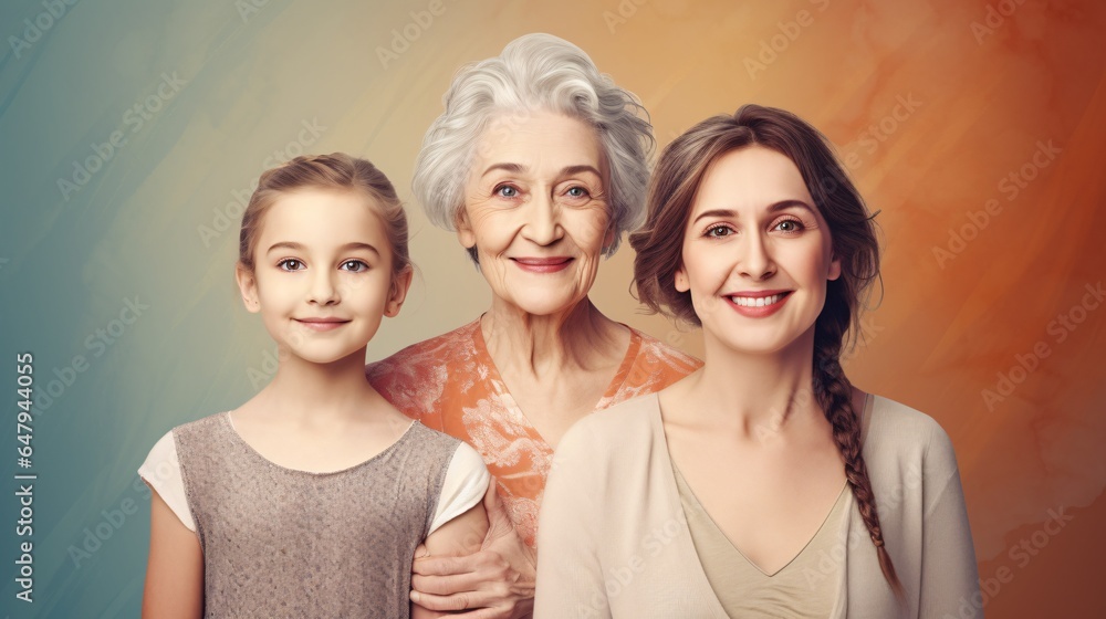 Young daughter, her radiant mother, and a contented grandmother stand ...