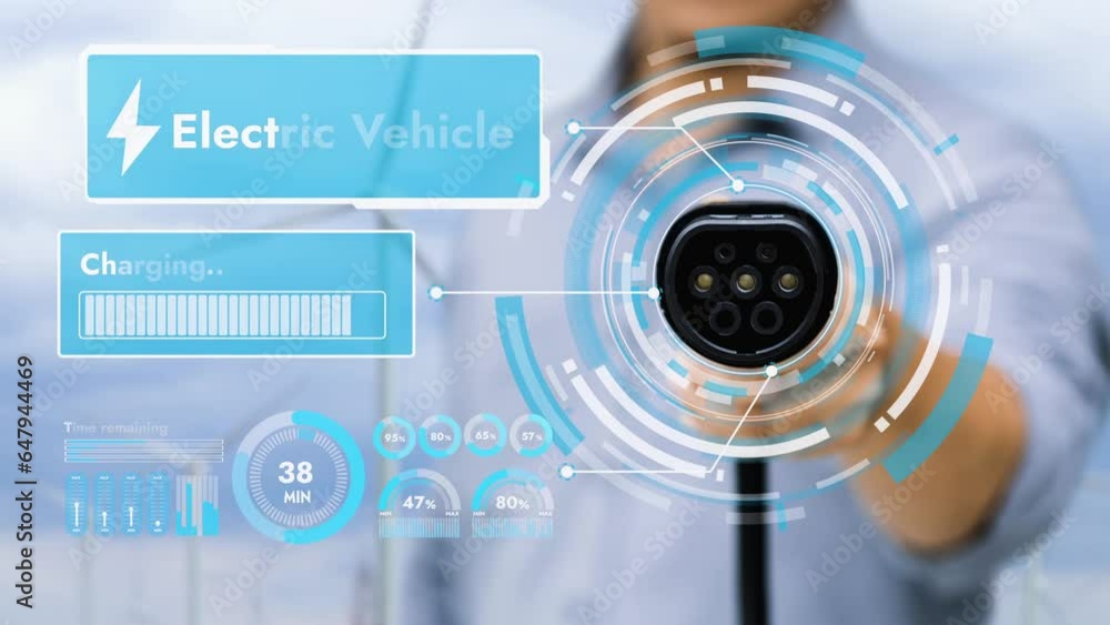 Focus EV charger pointing in front of camera display futuristic smart ...