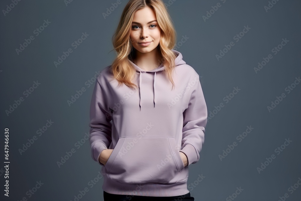 Young woman wearing long sleeve hoodie sweatshirt Side view, back and ...