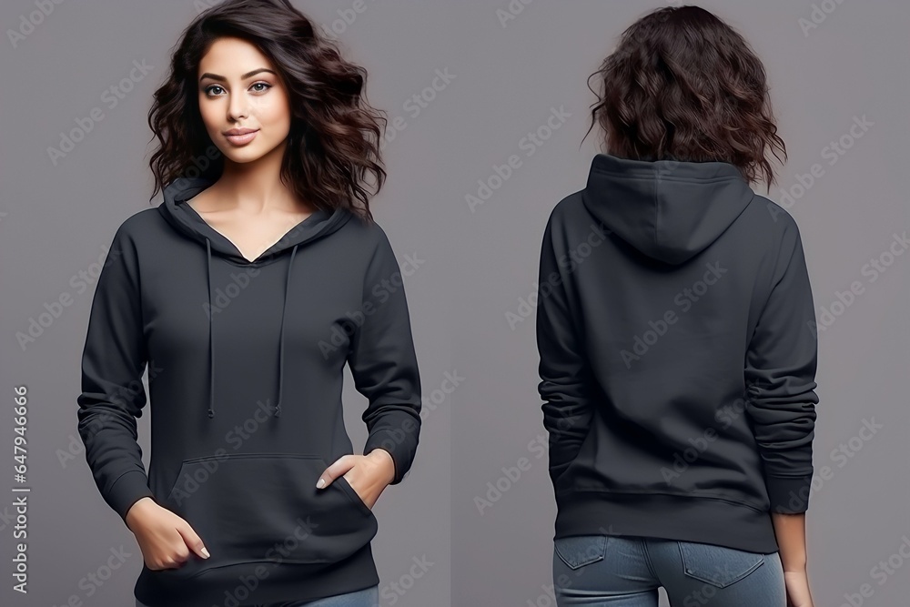 Young woman wearing long sleeve hoodie sweatshirt Side view, back and ...