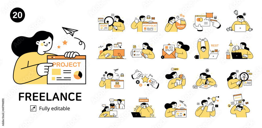 Collection of business freelance characters set. outline simple vector ...